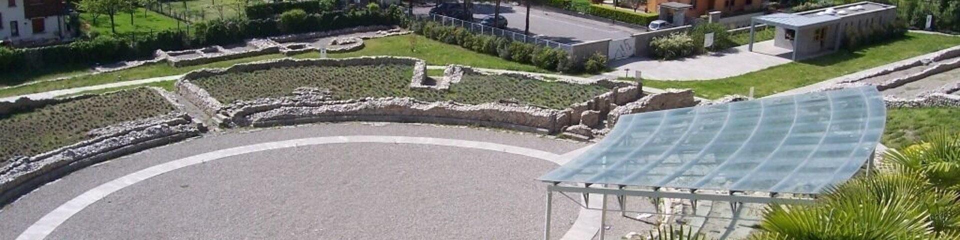 Panorama of the roman amphiteatre. Cividate Camuno, Italy