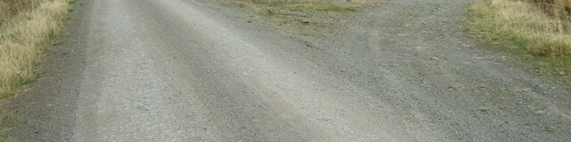 Uma estrada de cascalho serpenteando por uma paisagem rural com vegetação escassa e árvores ao longe.