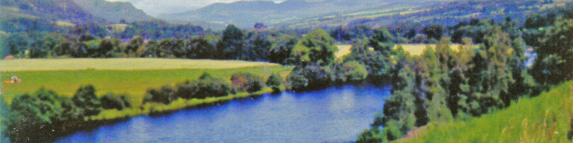 Northward on A9 nearing Dowally beside River Tay, 1979. A few miles upstream of Dunkeld, with Ben Vrackie (2,757 ft.) in the distance.