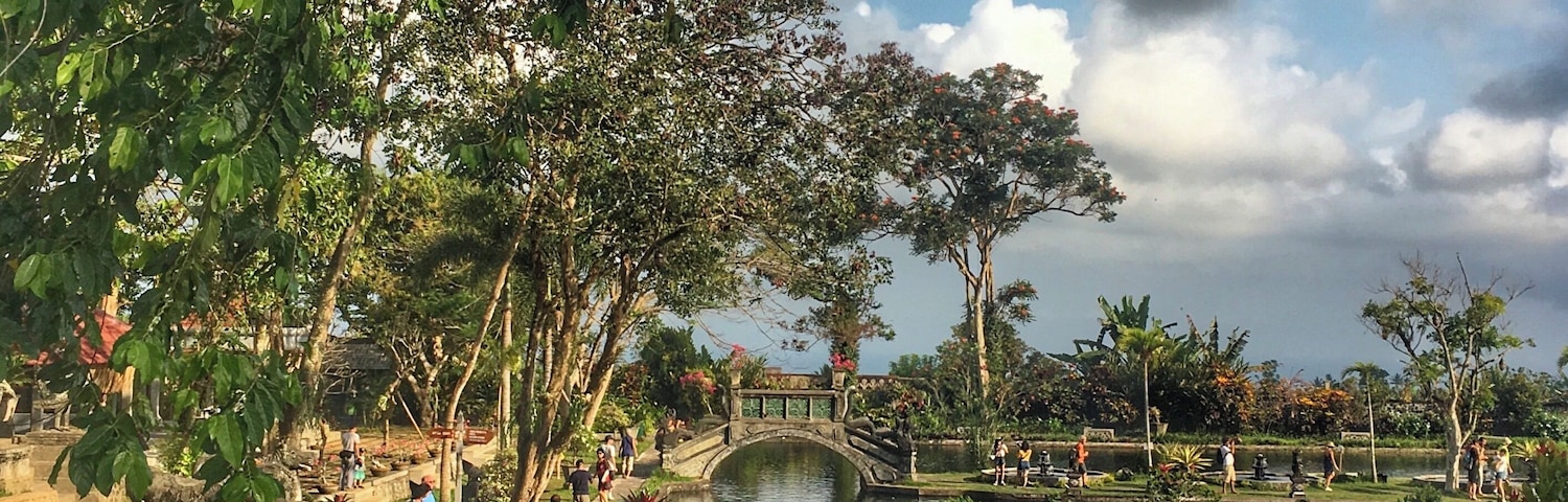 Um parque com lago, pessoas caminhando e uma ponte.