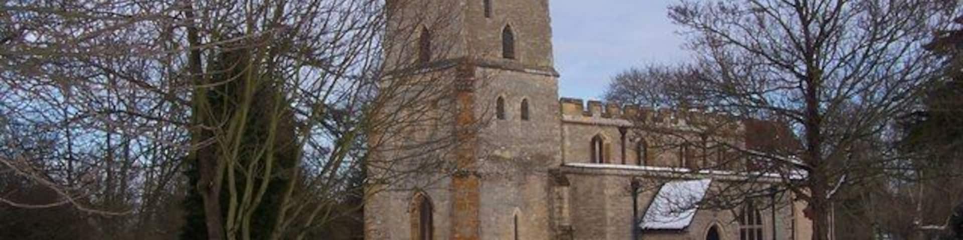 St Andrew's parish church, Great Linford, Buckinghamshire, seen from the southwest in snow