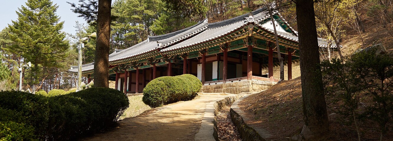 Um pavilhão coreano tradicional cercado por árvores e degraus de pedra.