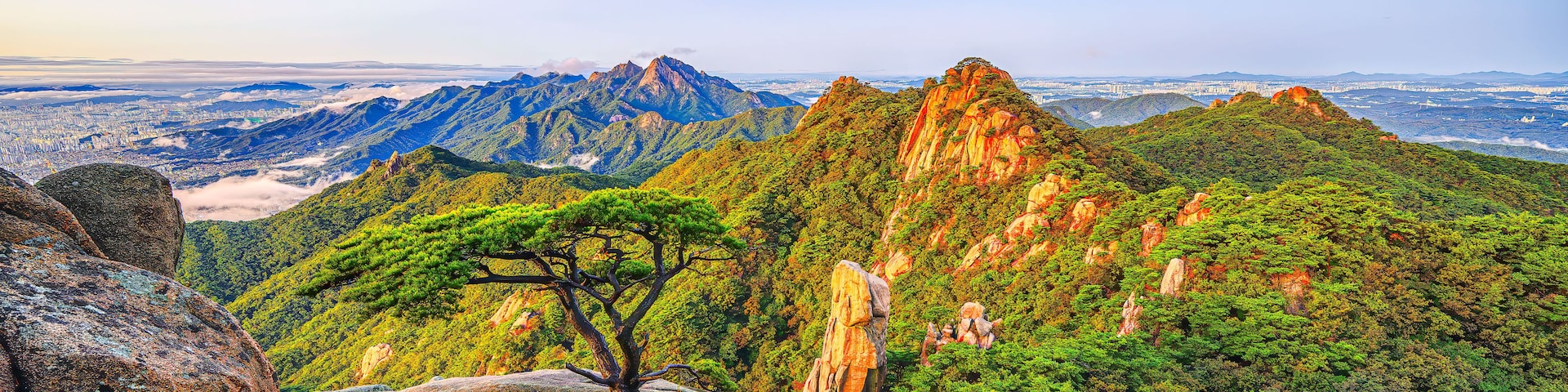 Paisagem montanhosa com um pico rochoso imponente, vegetação verde exuberante e céu claro.