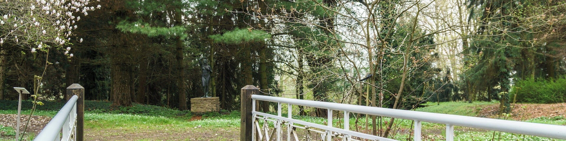 Landschaftspark Treblitzsch. Kleine Brücke, mit handwerklich gut gestaltetem, schmiedeeisernem Geländer. Im Hintergrund Bronzestatue "Dame mit der Locke"
