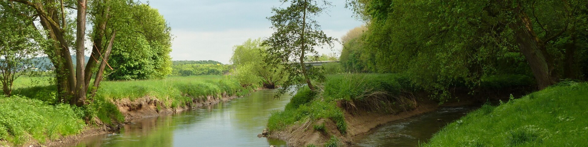 Mündung der Grone in die Leine bei Göttingen, Südniedersachsen, gelegen im Landschaftsschutzgebiet Leinetal