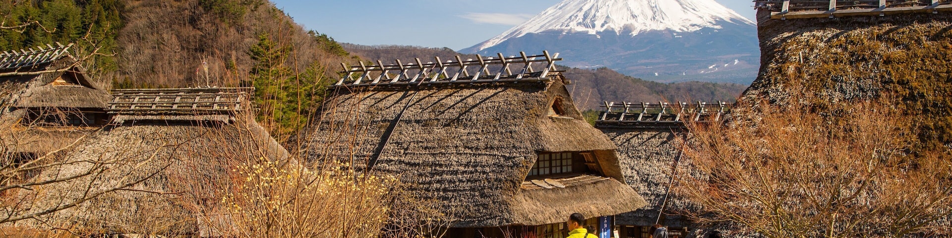 Lake Saiko Iyashi no Sato NENBA showing a small town or village as well as a couple