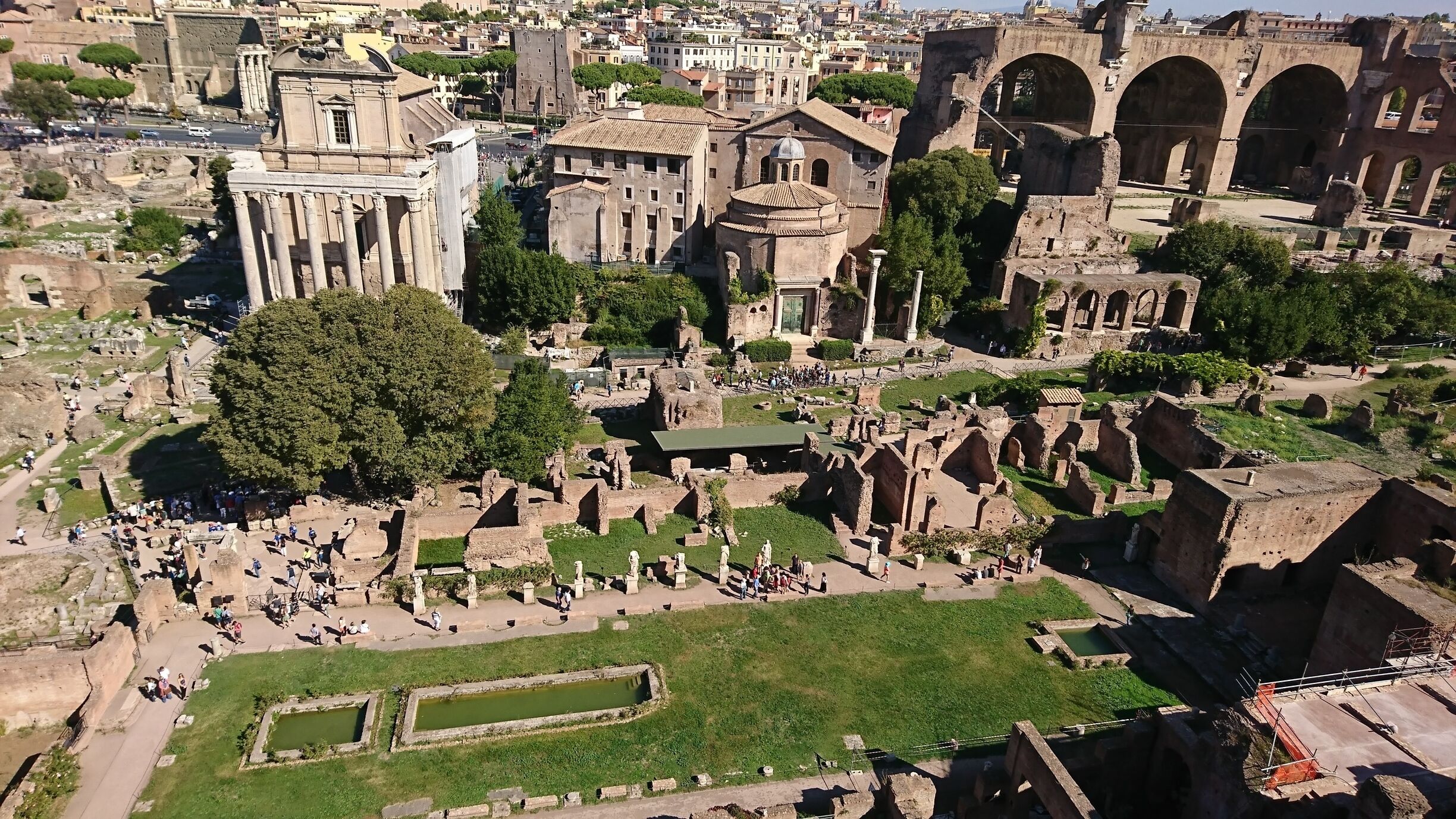 Um antigo sítio arqueológico romano com ruínas, incluindo uma grande árvore, um templo e um aqueduto.