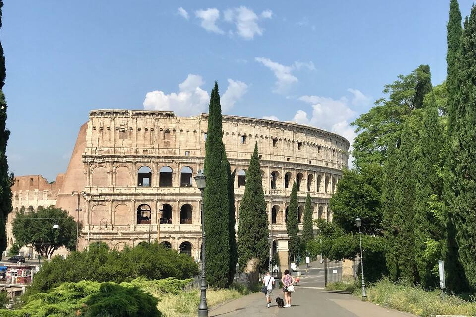 O Coliseu em Roma, rodeado por árvores e vegetação.
