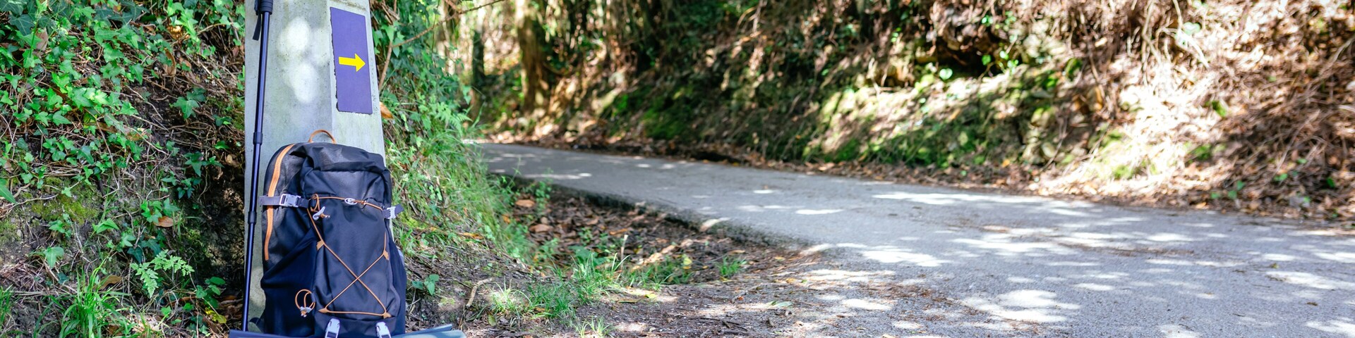 Uma estrada com um sinalizador e uma mochila no chão.
