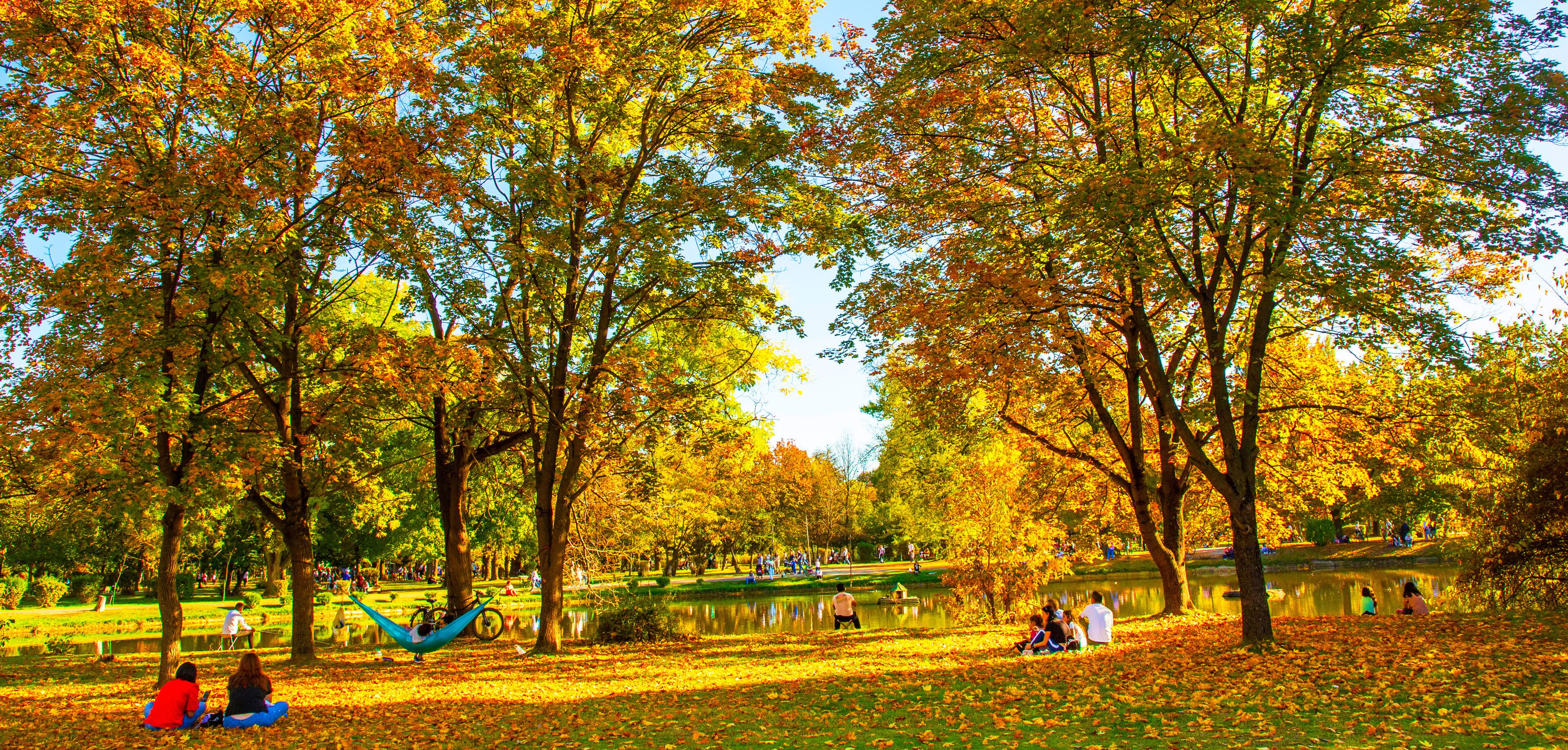 Um parque com folhagem outonal, um lago e pessoas relaxando.
