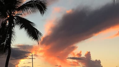 Um pôr do sol sobre a água, com barcos, palmeiras e área de piscina.