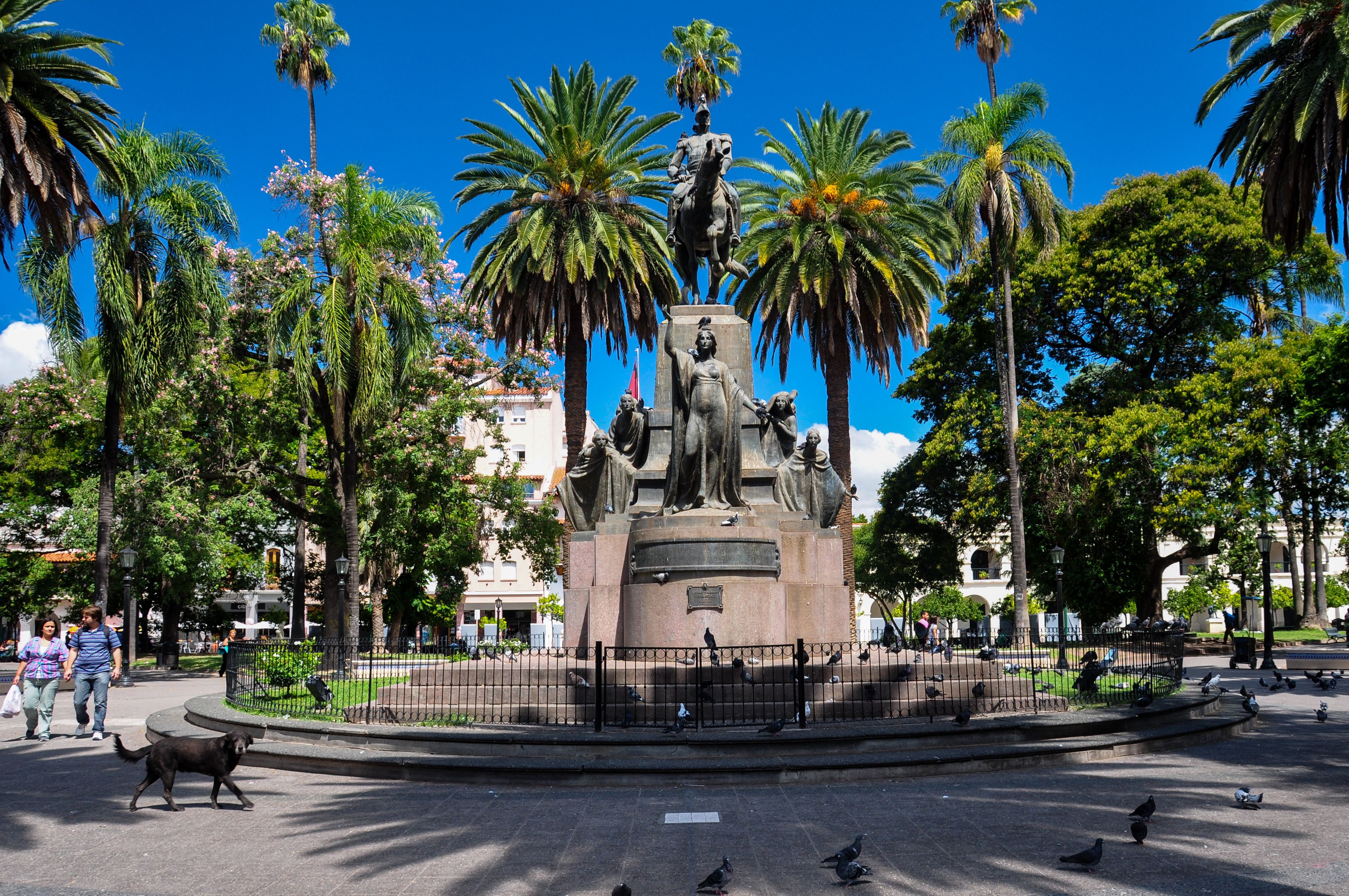 Estátua de um homem a cavalo, rodeada por palmeiras e pombos.
