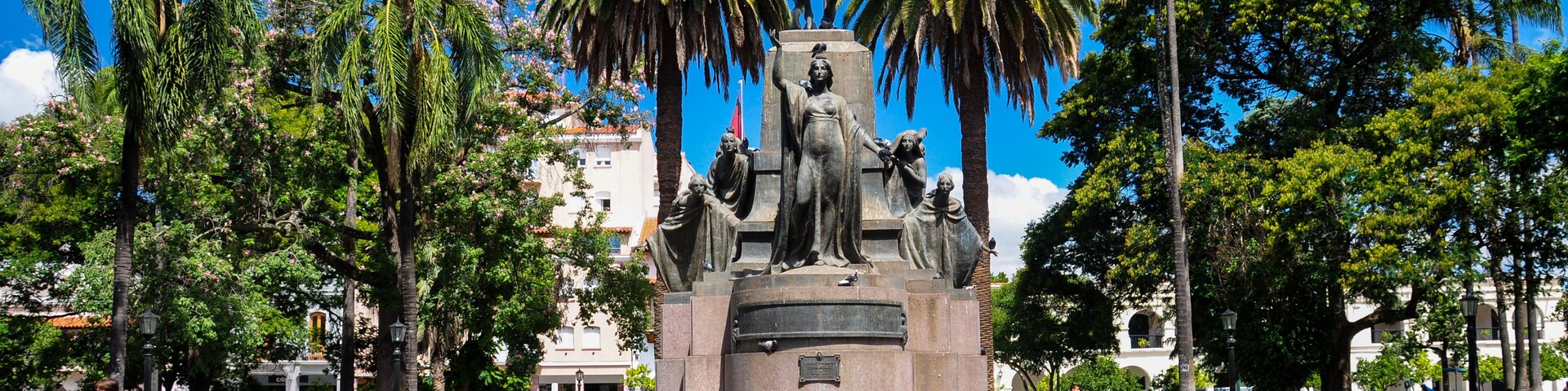 Estátua de um homem a cavalo, rodeada por palmeiras e pombos.