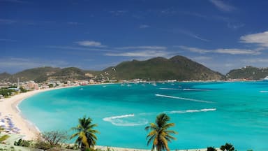Uma praia azul-turquesa com um cruzeiro, palmeiras e montanhas ao fundo.