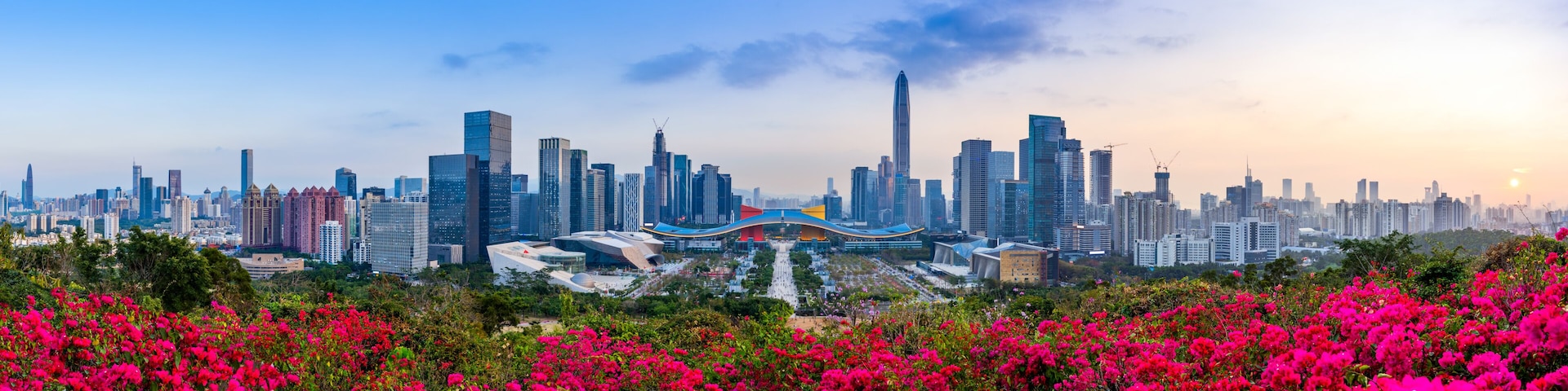 Paisagem urbana com arranha-céus modernos e um edifício curvo imponente em primeiro plano.