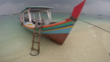 Um barco colorido com escada, amarrado em uma praia arenosa e água turquesa translúcida.