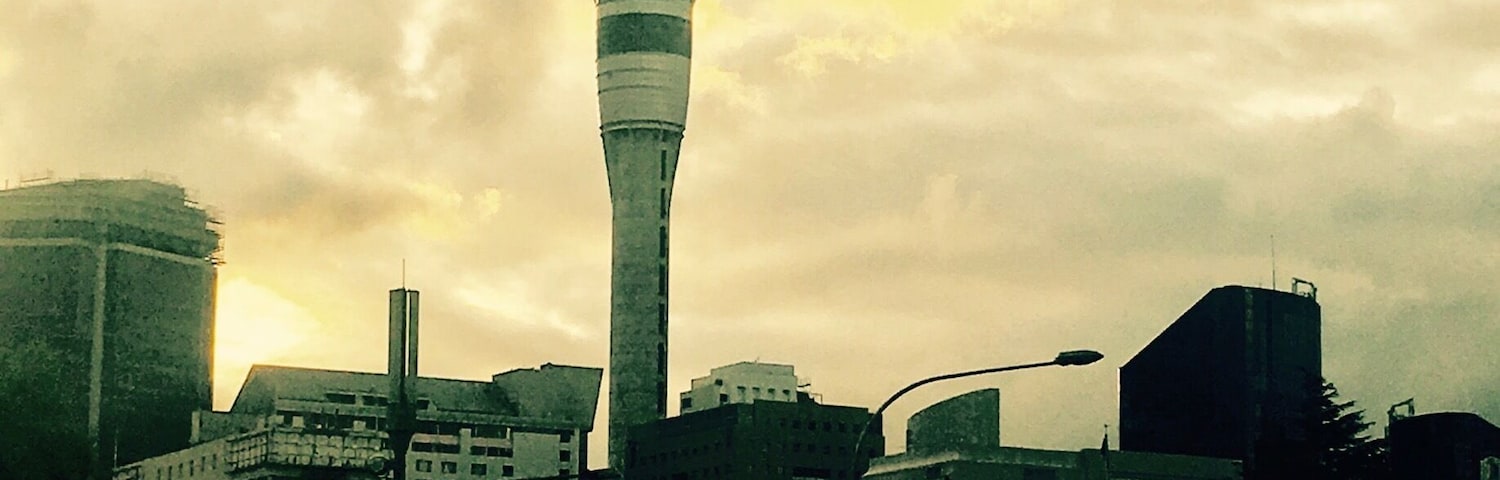 Sunset on the Sky Tower in Auckland creating a moody backdrop.