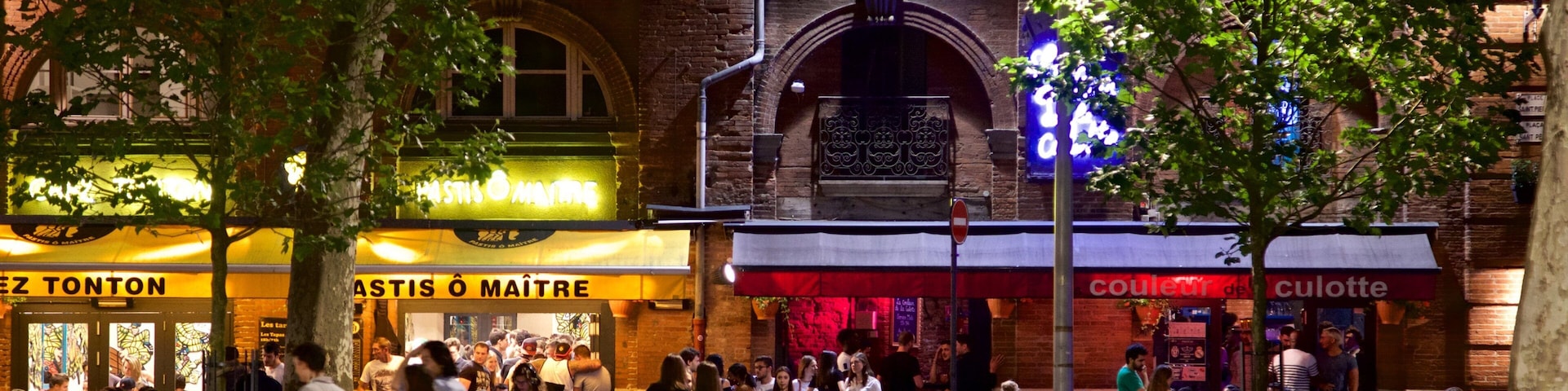 Toulouse which includes night scenes and nightlife as well as a large group of people