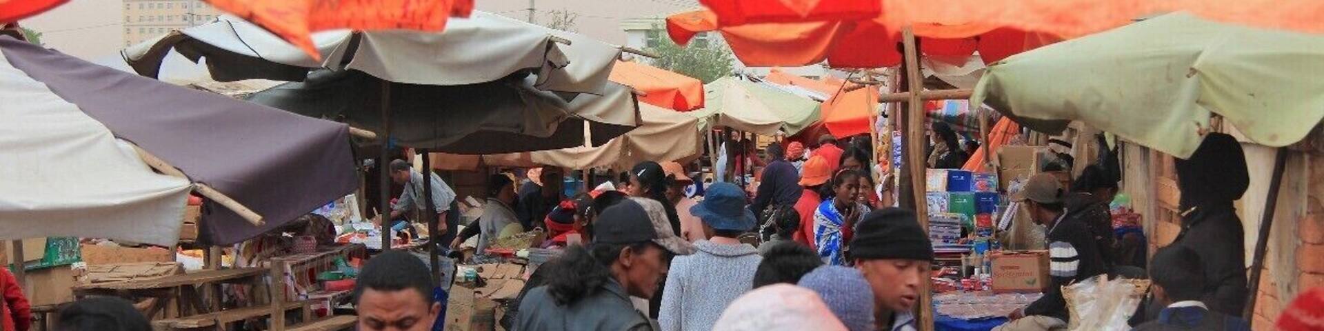 One of the busy markets of Madagascar's capital, Antananarivo (or Tana for short). The large building in the background is a Hilton, a place that seems to juxtapose its surroundings.
#market