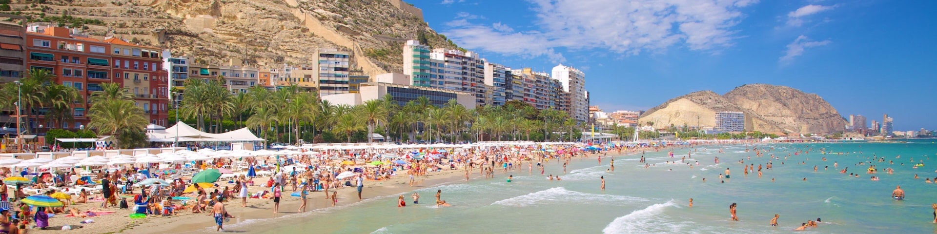 Uma praia cheia de gente se banhando e tomando sol, com palmeiras e edifícios ao fundo.
