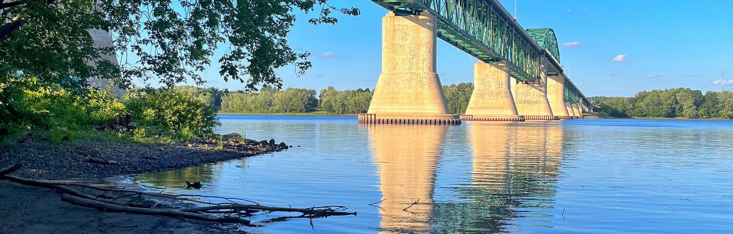 Uma ponte sobre um rio, com árvores em primeiro plano e um céu azul límpido.