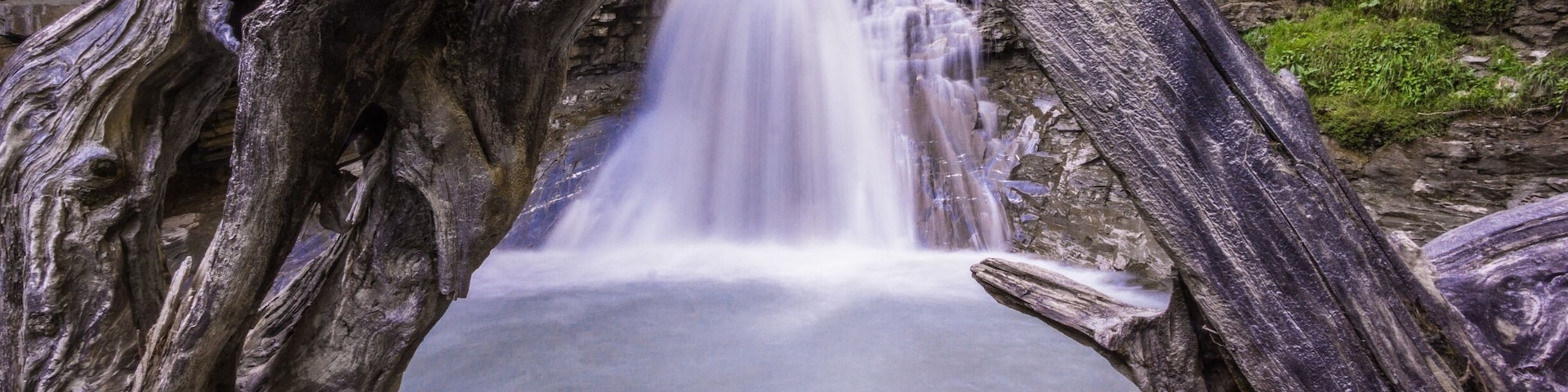 Ein Wasserfall gerahmt von einem Baumstamm.
#AquaTrove