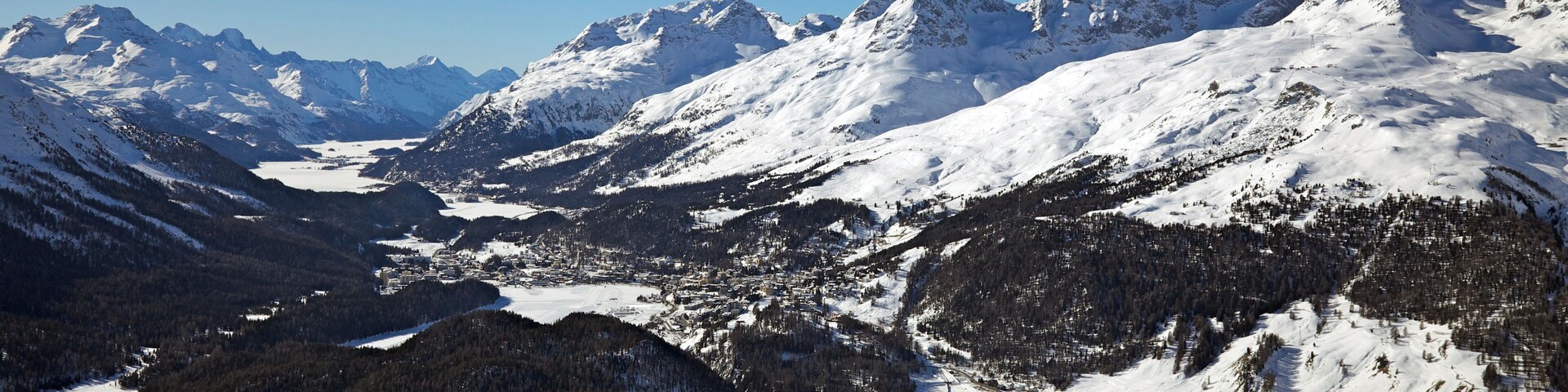 View of the High Engadin valley from Muragl, canton Grisons, Switzerland.