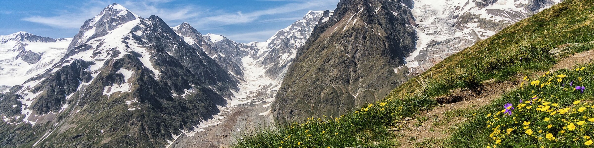 View of the Massif du Mont Blanc en route to Col Chercroui on the Tour du Mont Blanc. This section of the trail offers some of the best unobstructed views of the entire circuit.
