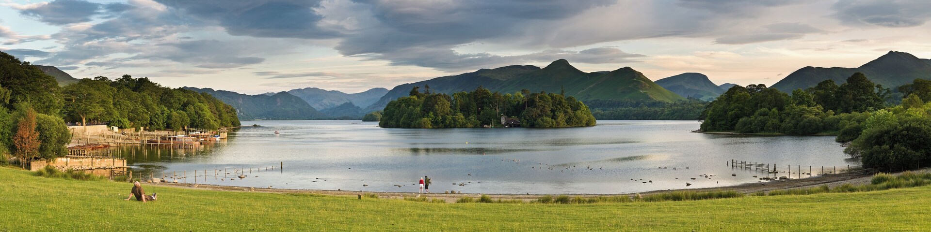 A wide 12 segment panoramic view of Derwent Water as viewed from the northern shore of Keswick.
