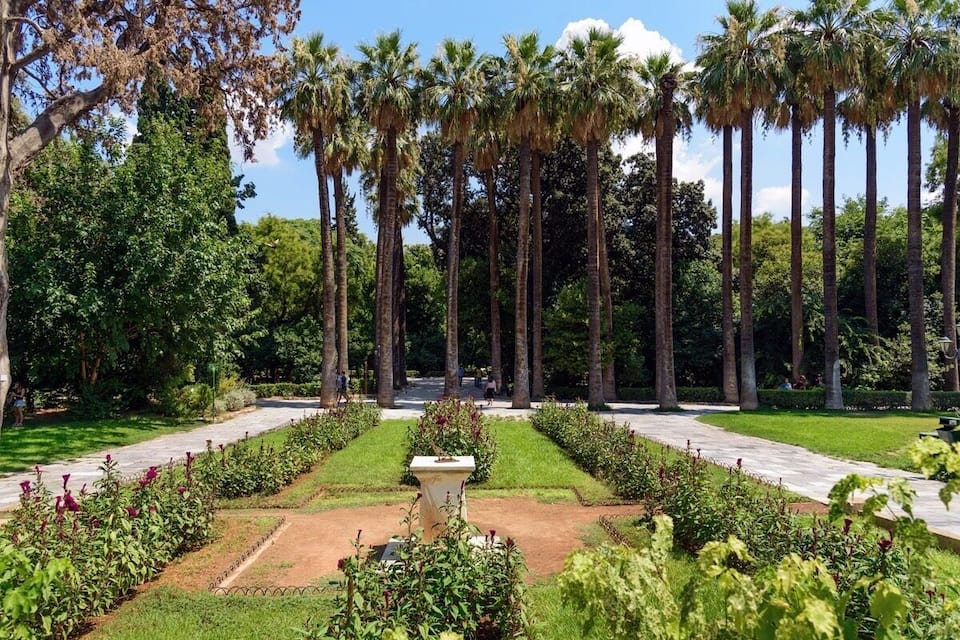 Um jardim formal com palmeiras altas, sebes bem aparadas e uma fonte central.