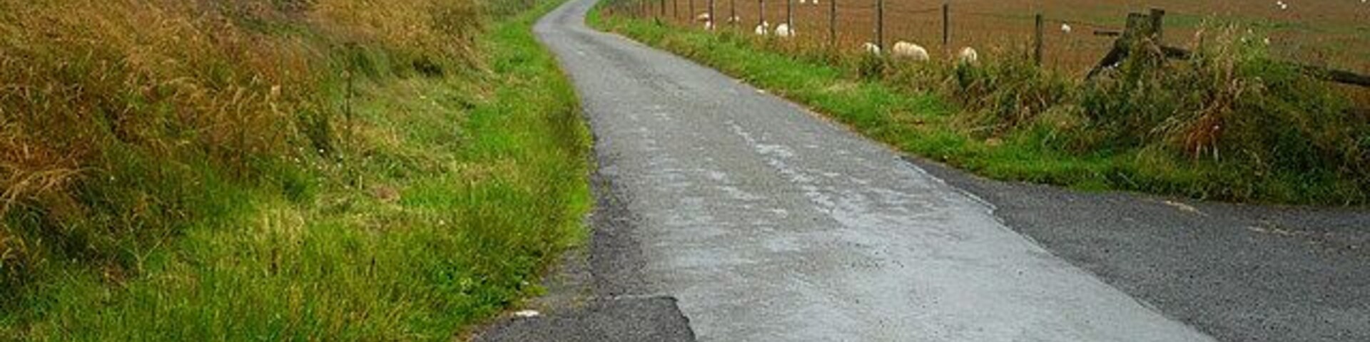 Uma estrada rural estreita, com campos gramados e cercas de ambos os lados.