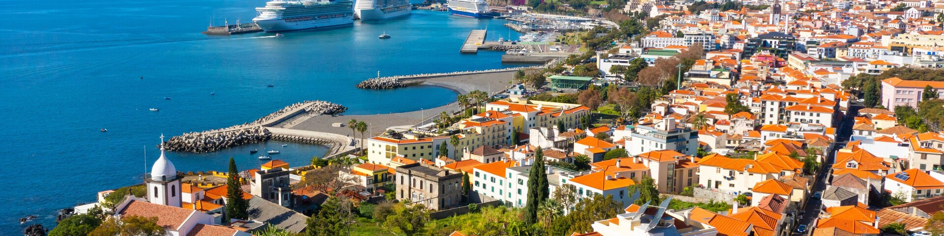 Paisagem costeira com um porto, navios de cruzeiro e edifícios com telhados de terracota.
