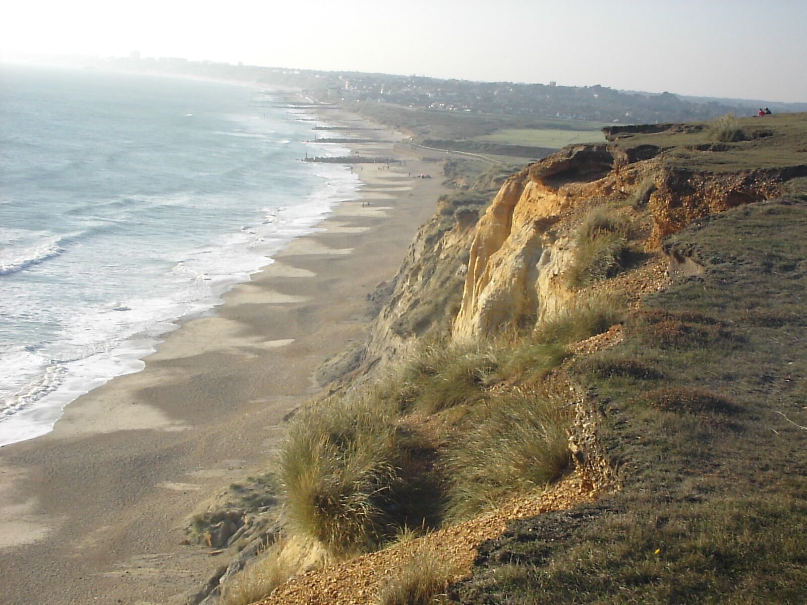 Paisagem costeira com uma praia de areia, dunas gramadas e um penhasco rochoso.