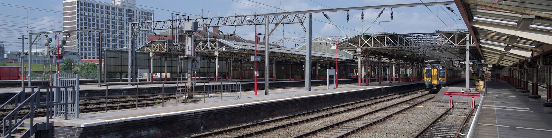 The south end of Crewe railway station. London Midland class 350 "Desiro" EMU 350112 is visible, ready to operate a service for London.