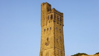 Uma torre de pedra alta e antiga numa colina com relva seca e vegetação escassa.