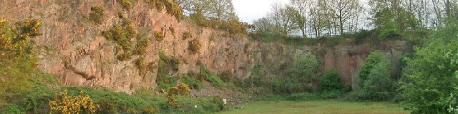 Morley Quarry, Shepshed, looking south. Charnwood Borough Council acquired this site, ostensibly to equip for climbing. Although it isn't actually much good for climbing, it does show the outline of a wadi (desert stream) bed infilled with Triassic-Rhaetic marls at the top of the southern face. The eastern face, seen here, reveals northward sloping Charnwood volcanics of Precambrian age. The quarry would have been built to excavate one of the many syenite intrusions in Charnwood Forest.