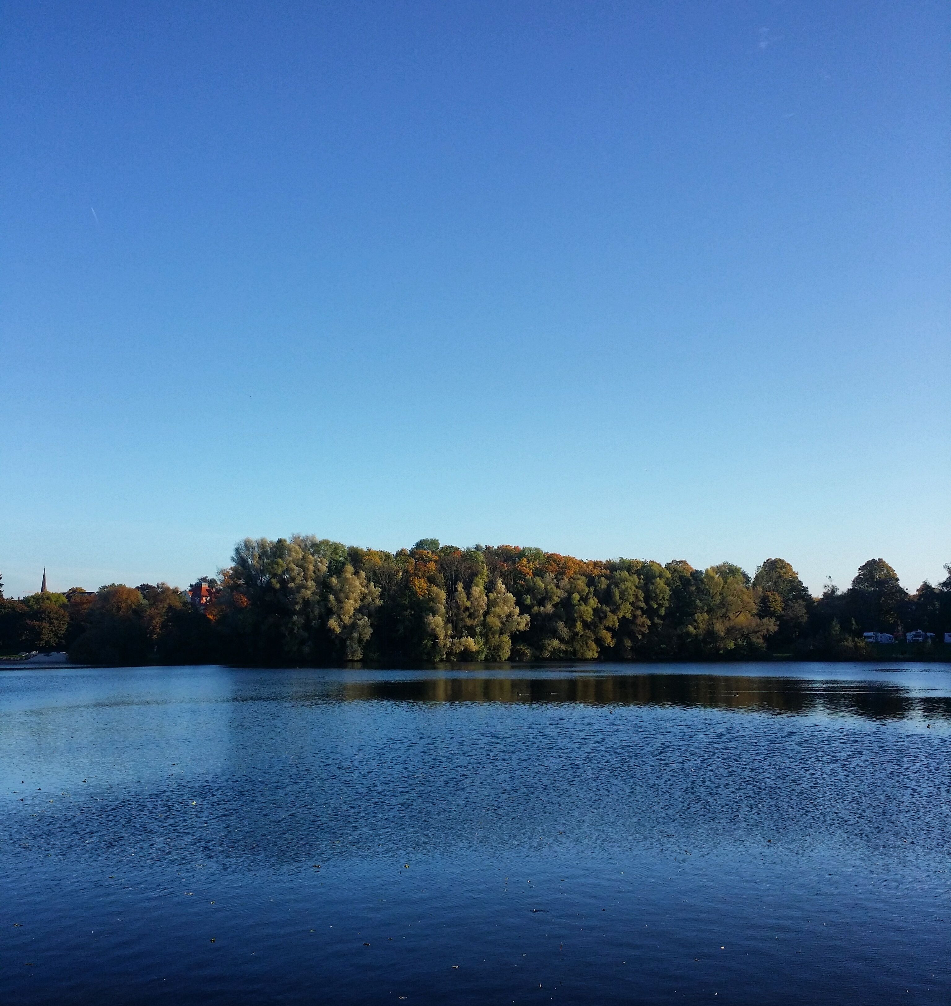 Um lago tranquilo com uma ilha arborizada ao fundo.