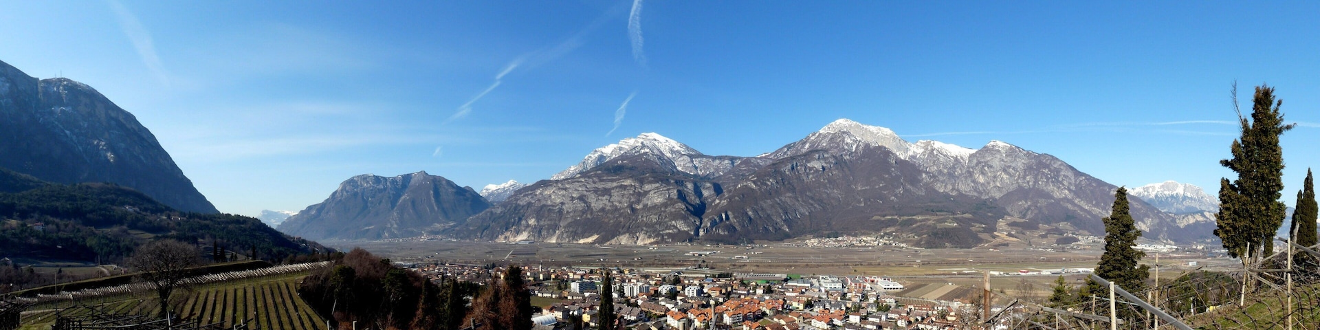 Trento (Italy): panorama of the village of Mattarello from east. On the background, mount Bondone.