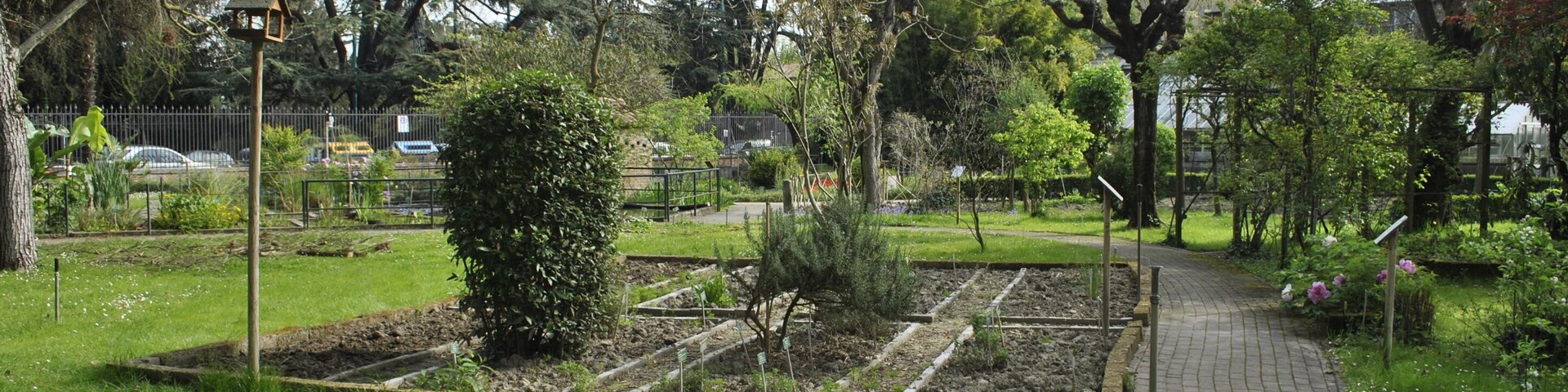 Um parque com uma passarela pavimentada, uma casa de pássaros e diversas árvores e arbustos.