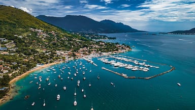 Uma cidade costeira com um porto, barcos e montanhas ao fundo.