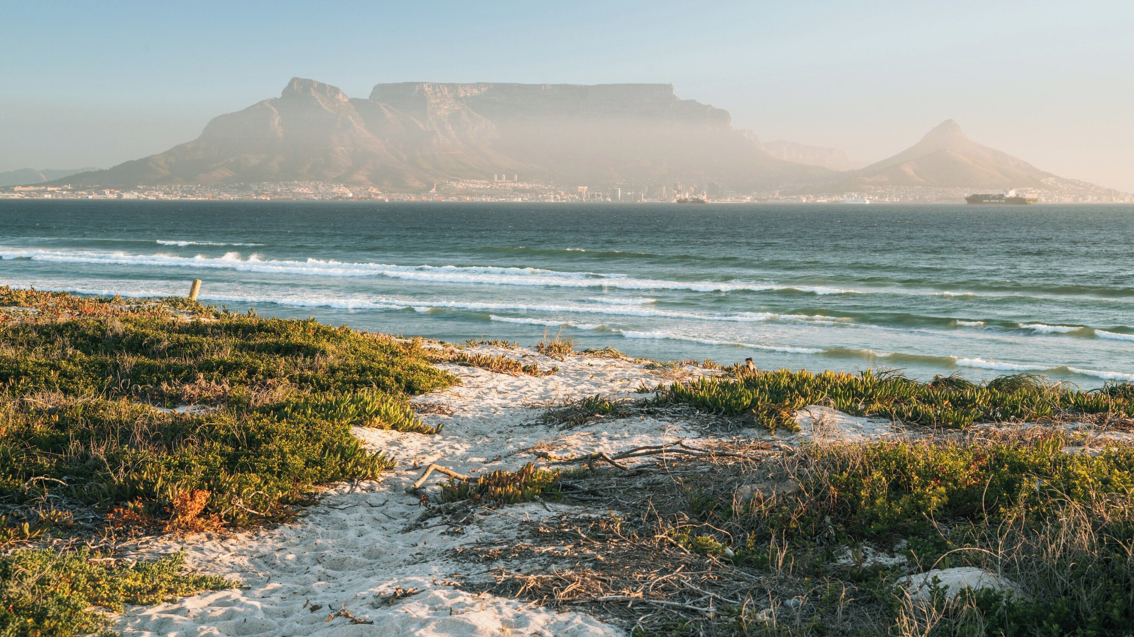 Paisagem costeira com praia de areia, vegetação verde e um horizonte urbano ao fundo.