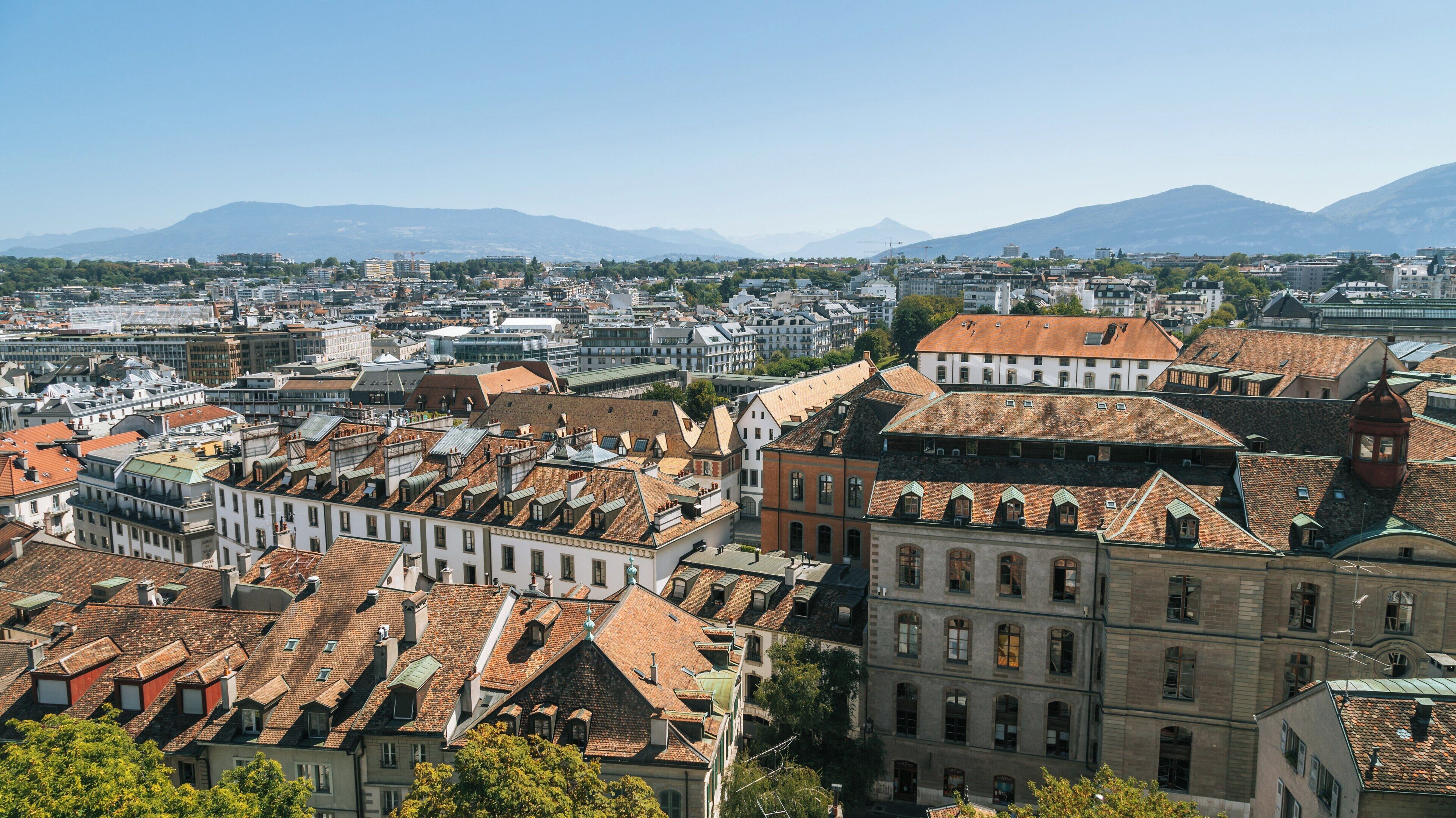 Views of Saint-Pierre Cathedral amidst the stunning architecture of Geneva City Centre in Canton of Geneva, Switzerland on a clear day