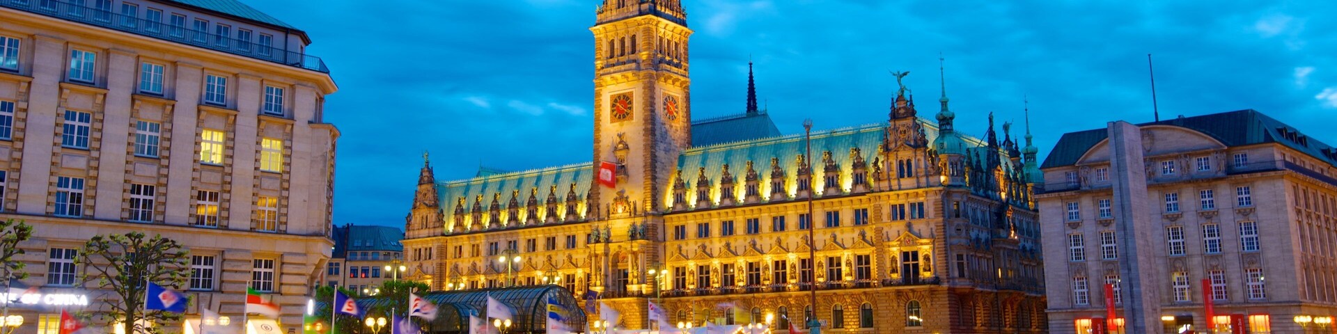 Hamburg City Hall mostrando arquitetura de patrimônio, cenas noturnas e uma cidade