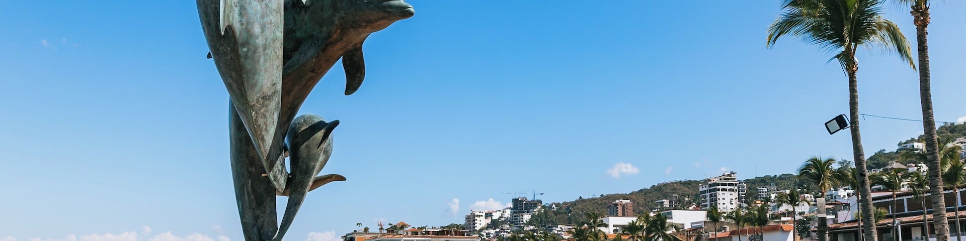 Uma grande escultura de golfinho numa praia, com céu azul, palmeiras e um horizonte urbano ao fundo.