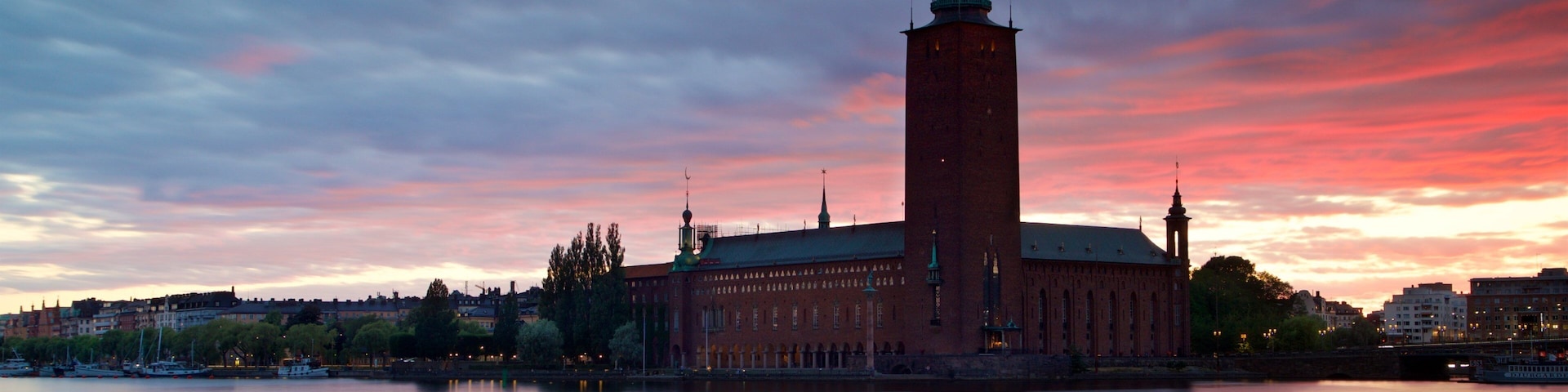 Stockholm City Hall featuring a bay or harbor, a sunset and landscape views