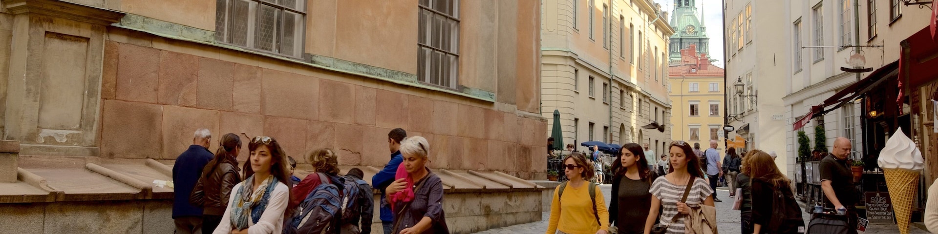The Great Cathedral of Stockholm showing heritage architecture as well as a large group of people