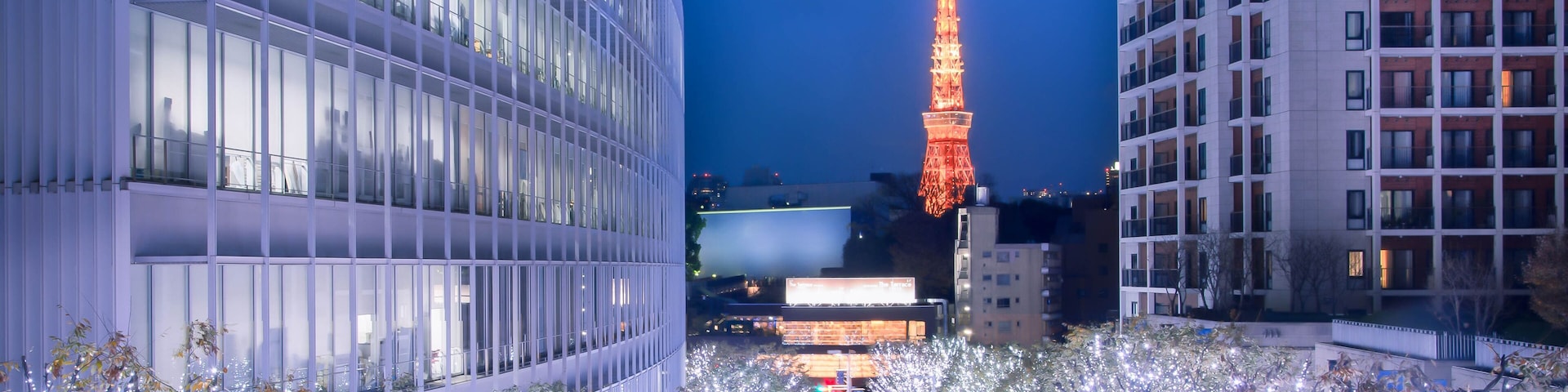 Paisagem urbana com edifícios iluminados, uma torre imponente e uma rua arborizada.
