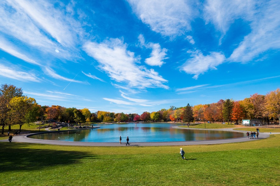 Um parque com um lago grande, árvores com cores de outono e um céu azul límpido.
