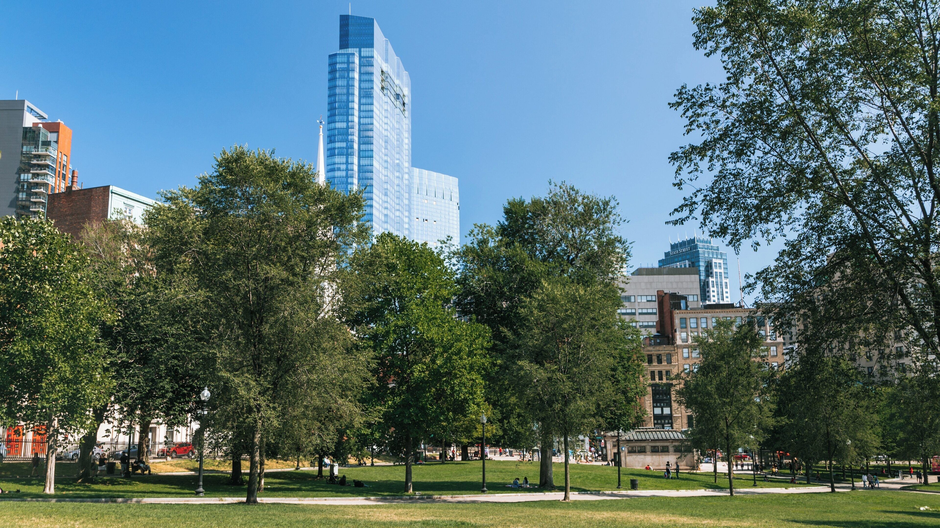 Exploring the vibrant beauty of Boston Common with modern skyline views in Beacon Hill, Massachusetts during a sunny day