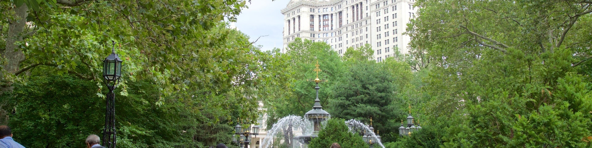 City Hall Park mostrando elementos de patrimônio, uma fonte e um parque
